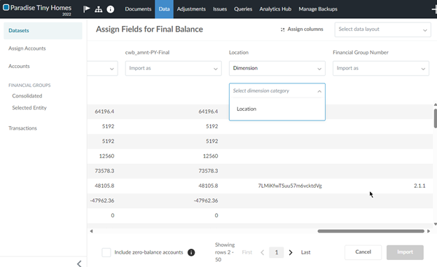 Set up and import a trial balance containing dimensions